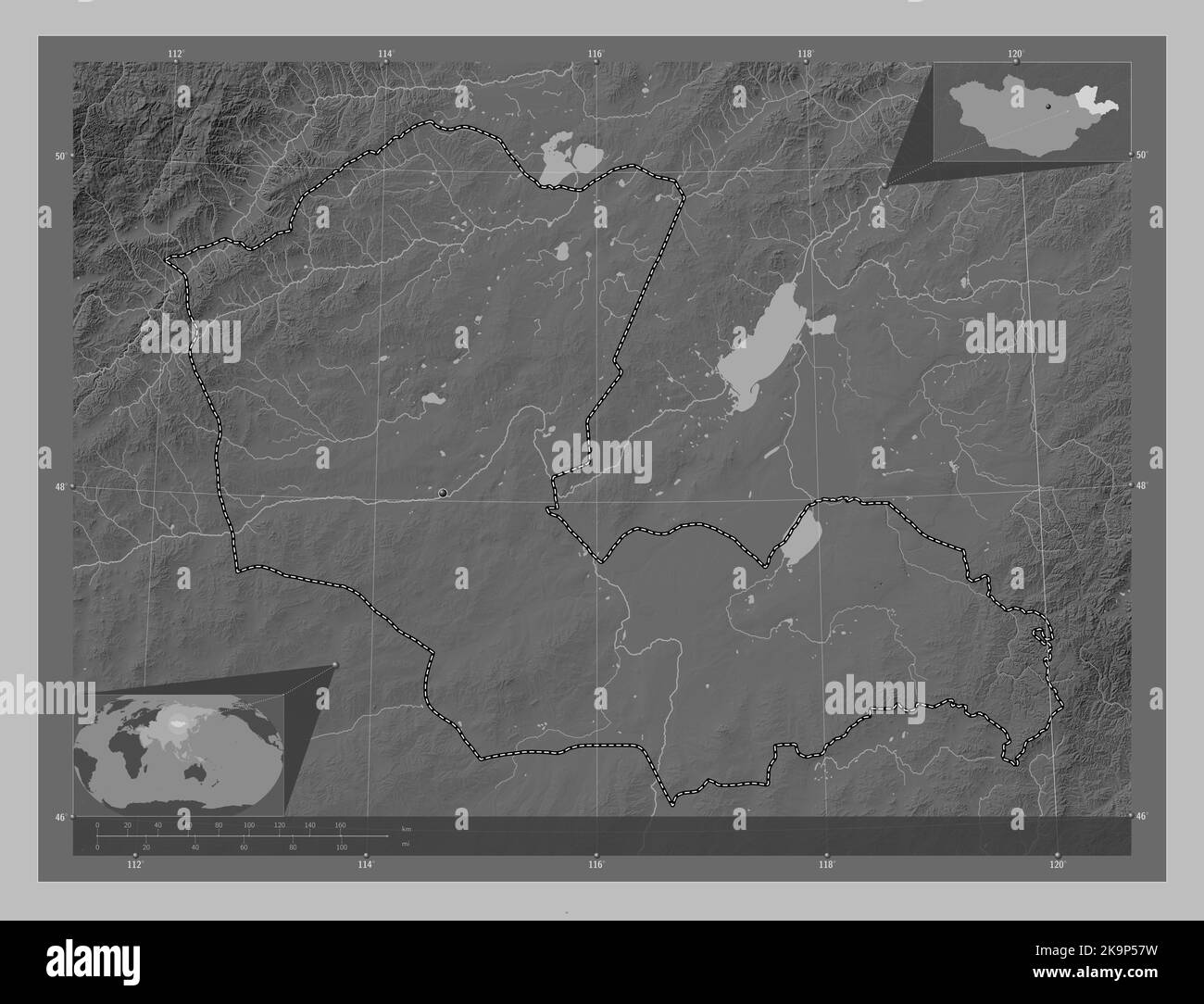 Dornod, province of Mongolia. Grayscale elevation map with lakes and ...
