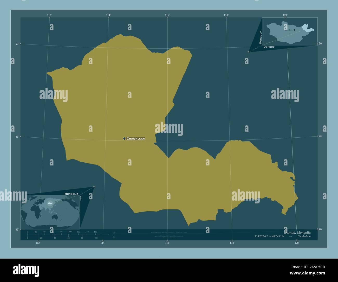 Dornod, province of Mongolia. Solid color shape. Locations and names of ...