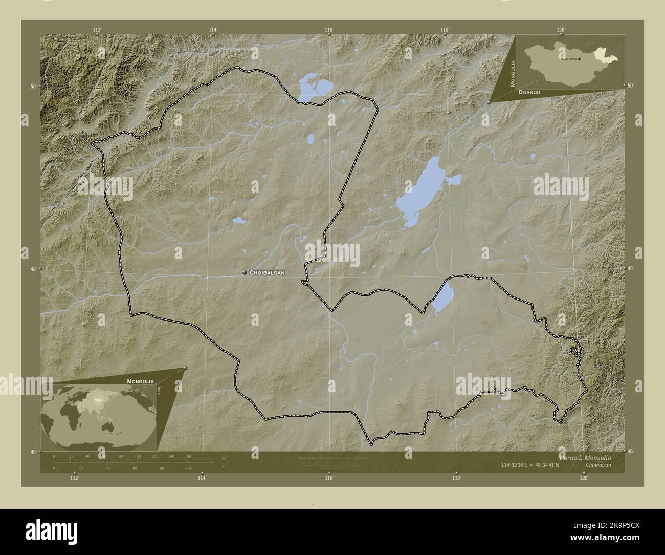 Dornod, province of Mongolia. Elevation map colored in wiki style with ...