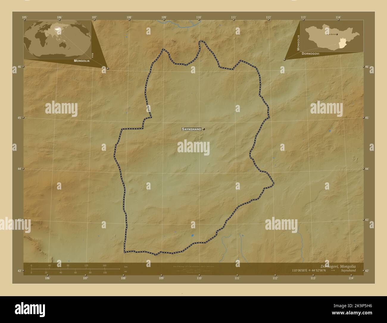 Dornogovi, province of Mongolia. Colored elevation map with lakes and ...
