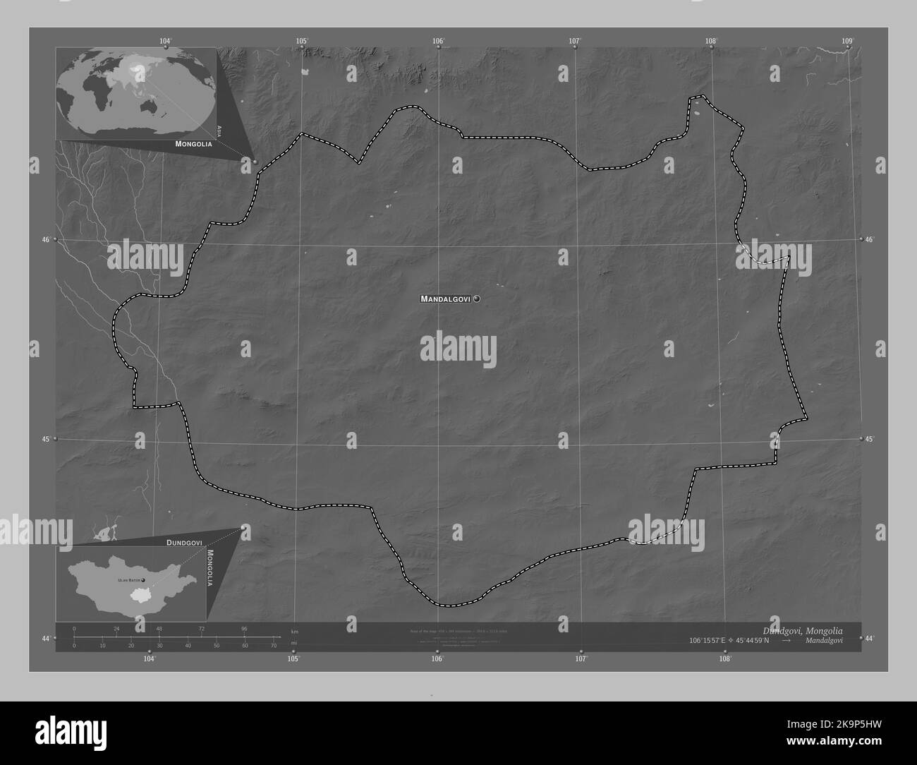 Dundgovi, province of Mongolia. Grayscale elevation map with lakes and ...
