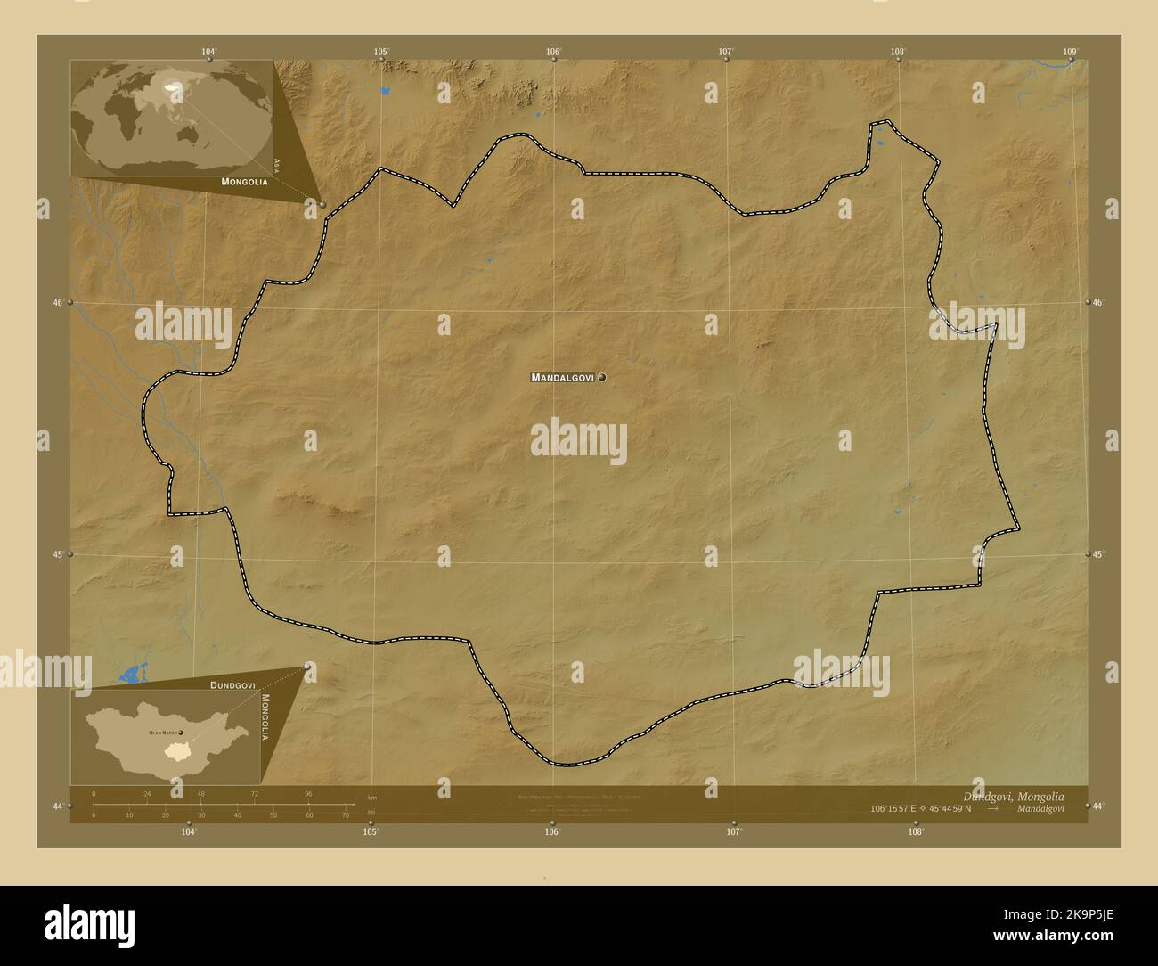 Dundgovi, province of Mongolia. Colored elevation map with lakes and ...