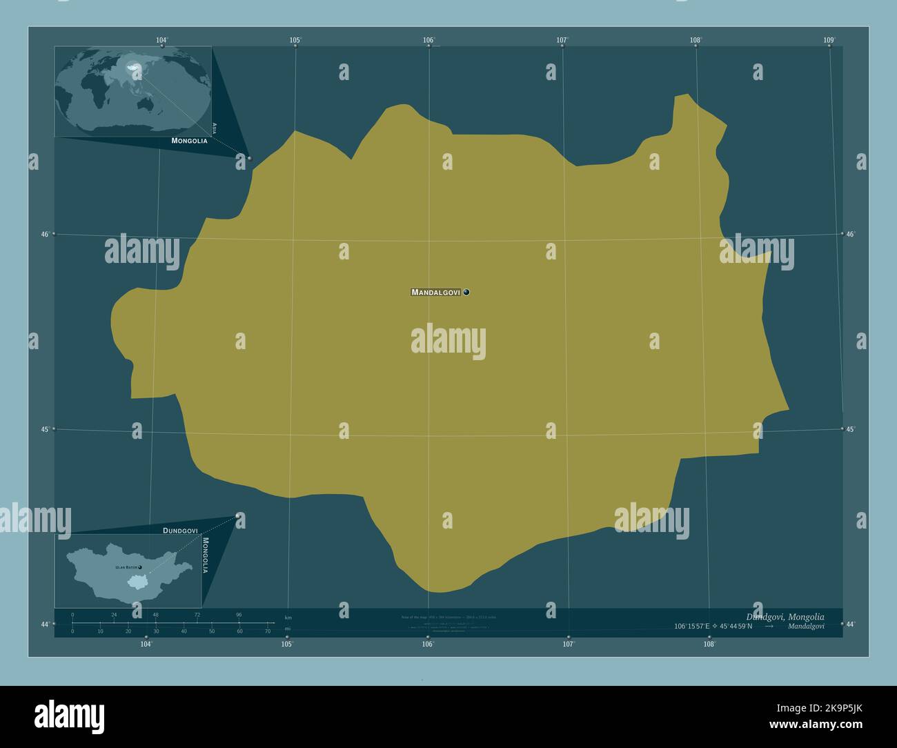Dundgovi, province of Mongolia. Solid color shape. Locations and names ...