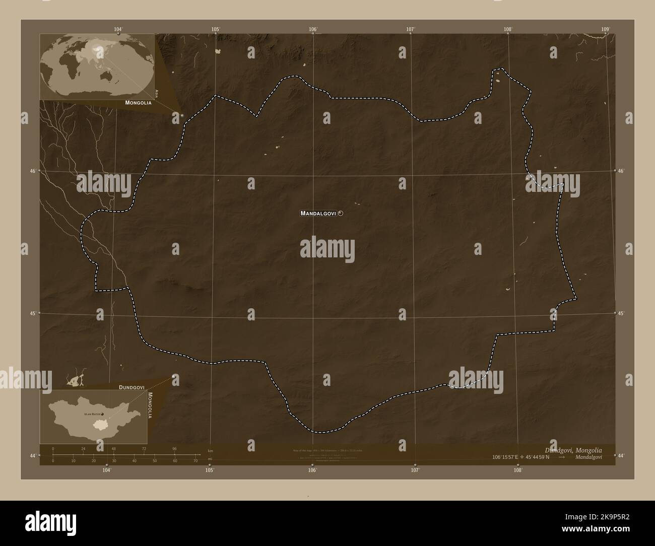 Dundgovi, province of Mongolia. Elevation map colored in sepia tones ...