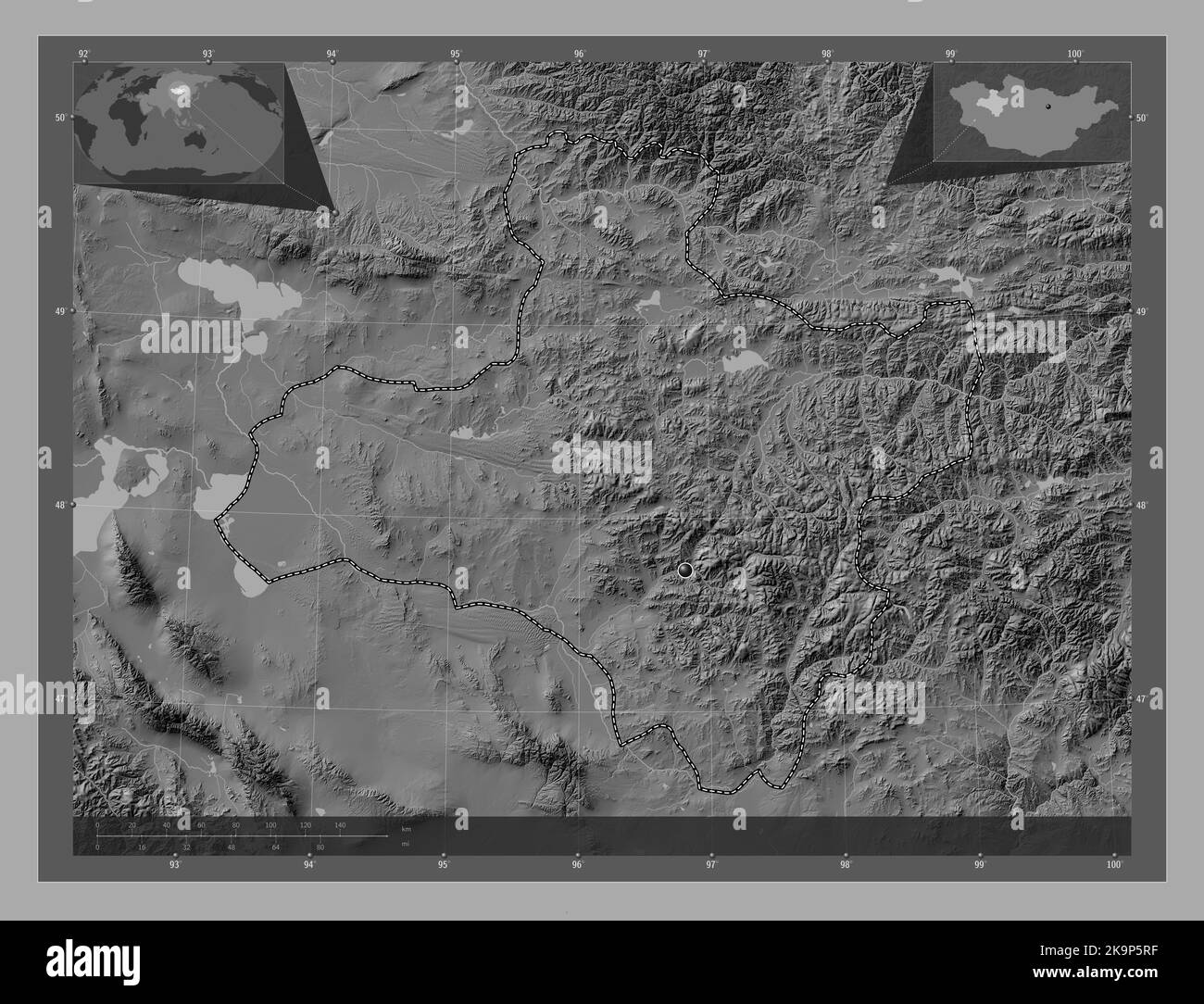 Dzavhan, province of Mongolia. Bilevel elevation map with lakes and ...