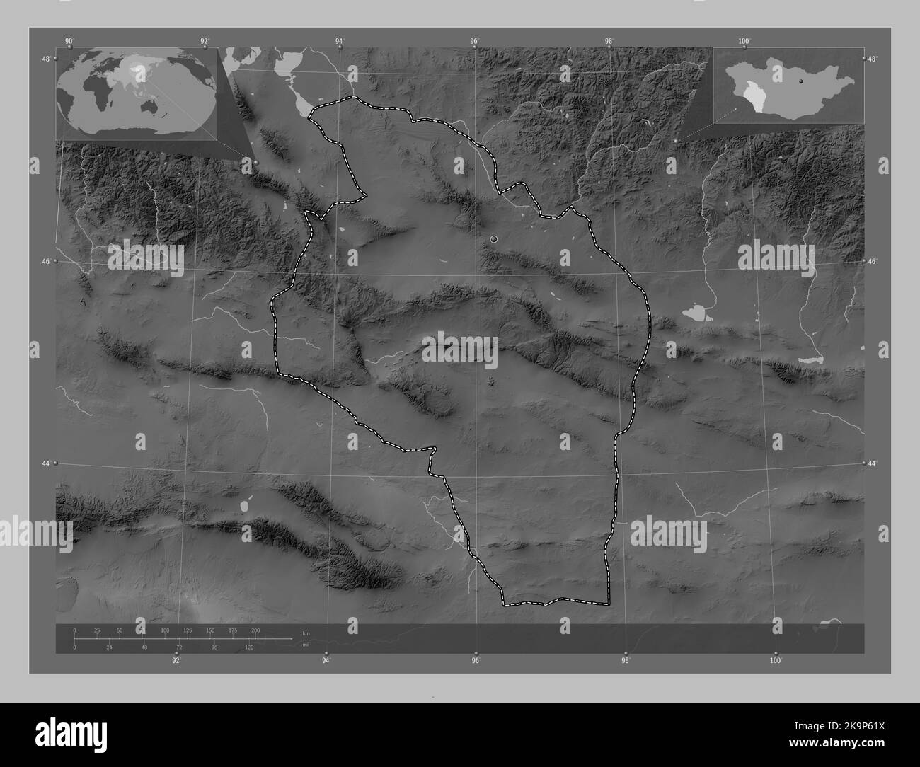 Govi-Altay, province of Mongolia. Grayscale elevation map with lakes ...