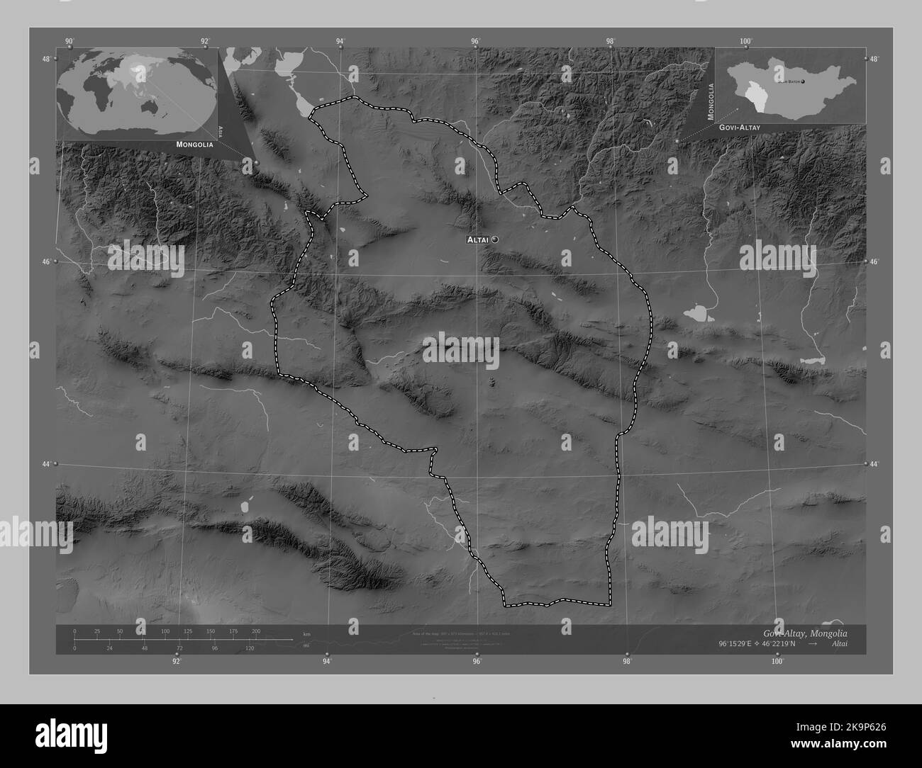 Govi-Altay, province of Mongolia. Grayscale elevation map with lakes ...