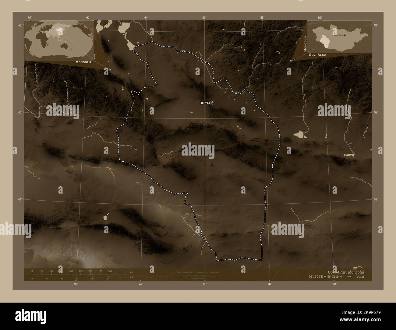 Govi-Altay, province of Mongolia. Elevation map colored in sepia tones ...