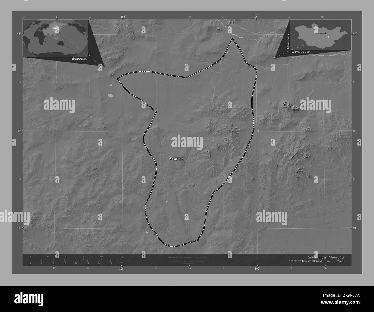 Govisumber, municipality of Mongolia. Bilevel elevation map with lakes ...
