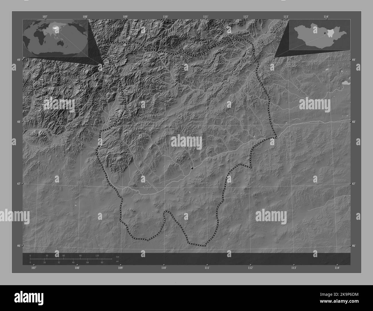 Hentiy, province of Mongolia. Bilevel elevation map with lakes and ...