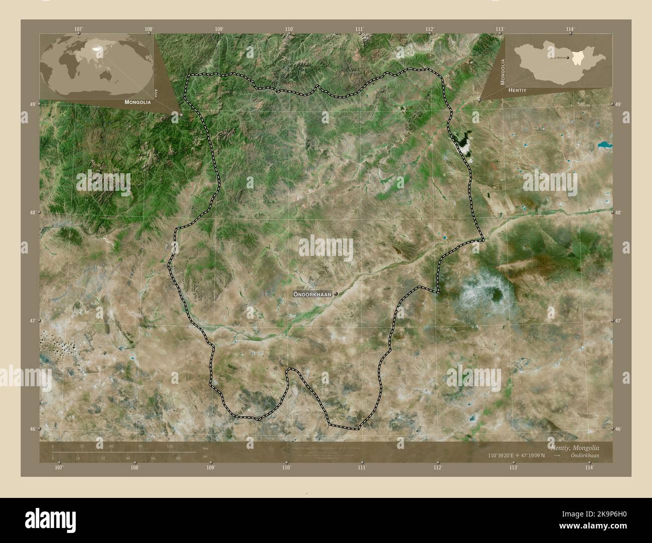 Hentiy, province of Mongolia. High resolution satellite map. Locations ...