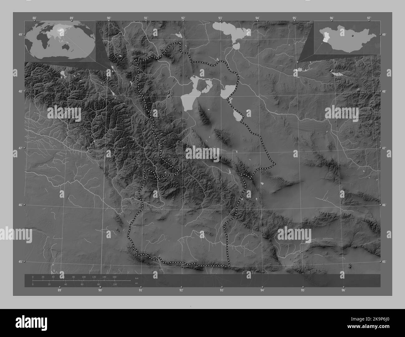 Hovd, province of Mongolia. Grayscale elevation map with lakes and ...