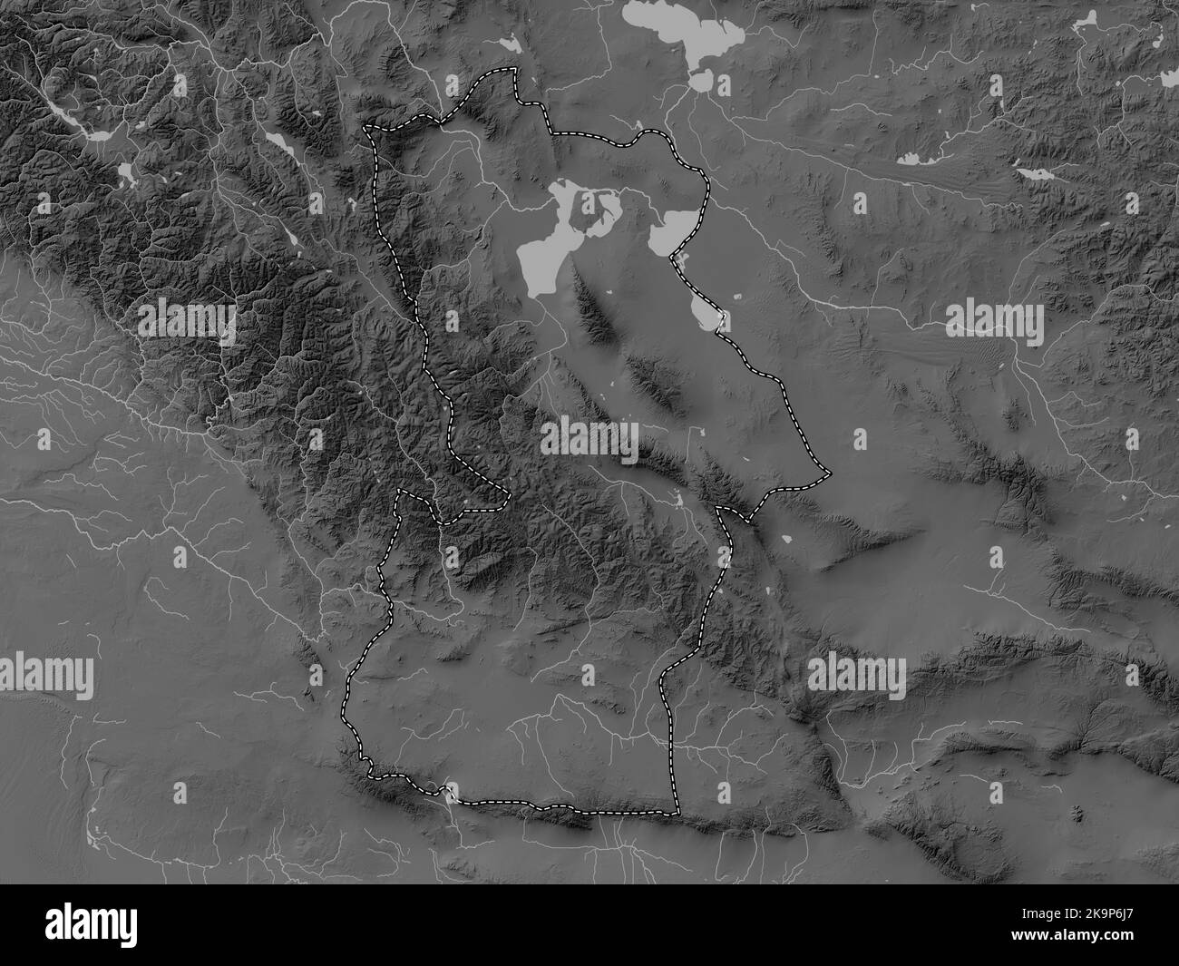 Hovd, province of Mongolia. Grayscale elevation map with lakes and ...