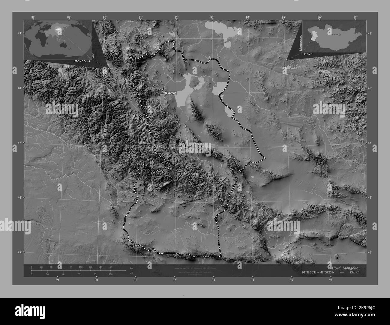 Hovd, province of Mongolia. Bilevel elevation map with lakes and rivers ...
