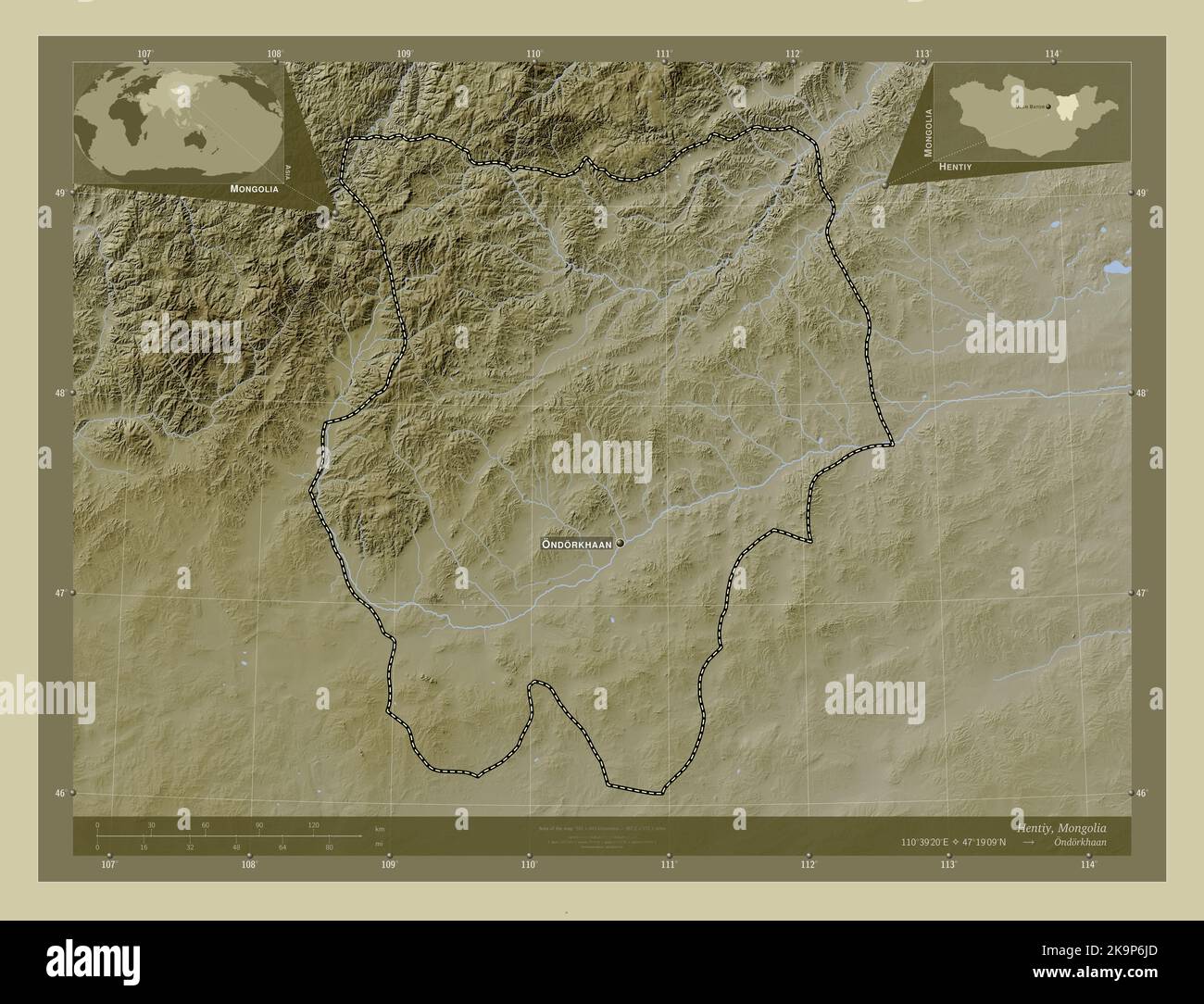 Hentiy, province of Mongolia. Elevation map colored in wiki style with ...