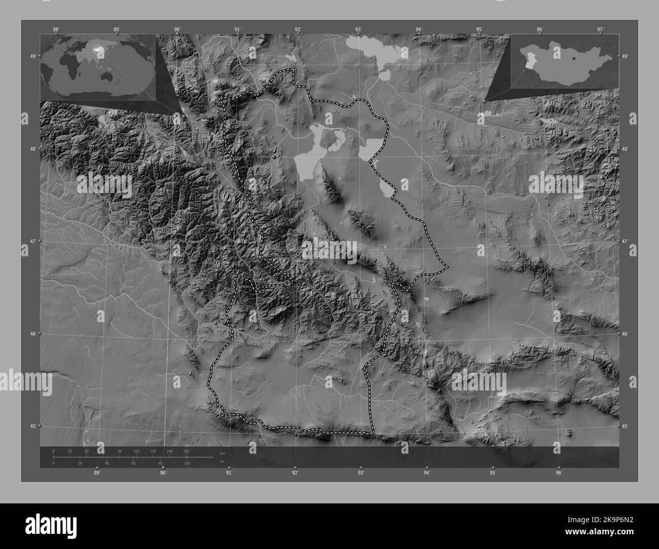 Hovd, province of Mongolia. Bilevel elevation map with lakes and rivers ...