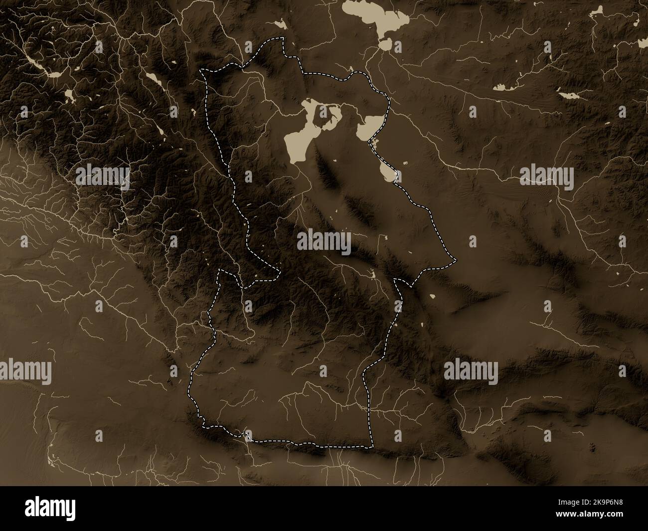 Hovd, province of Mongolia. Elevation map colored in sepia tones with ...