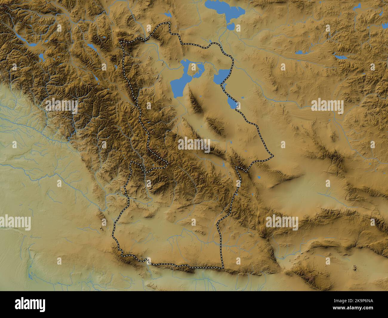 Hovd, province of Mongolia. Colored elevation map with lakes and rivers ...