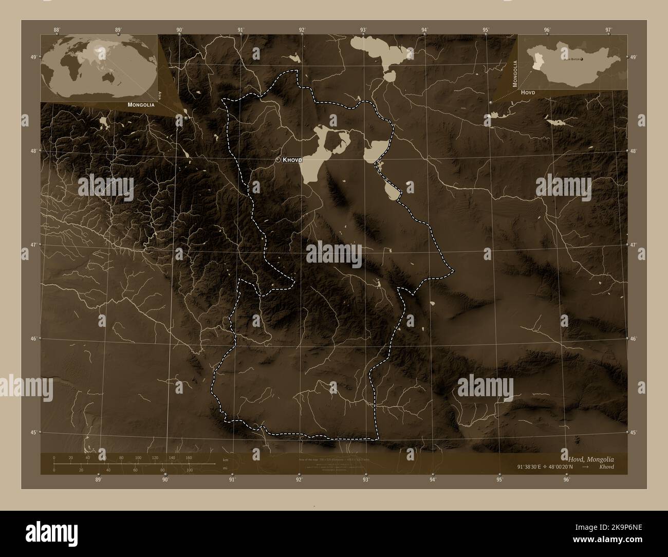 Hovd, province of Mongolia. Elevation map colored in sepia tones with ...