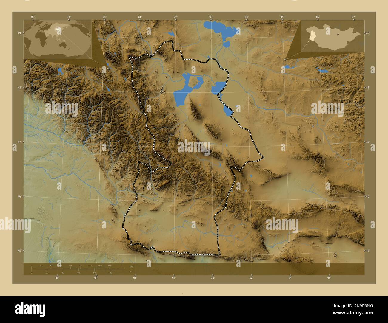 Hovd, province of Mongolia. Colored elevation map with lakes and rivers ...
