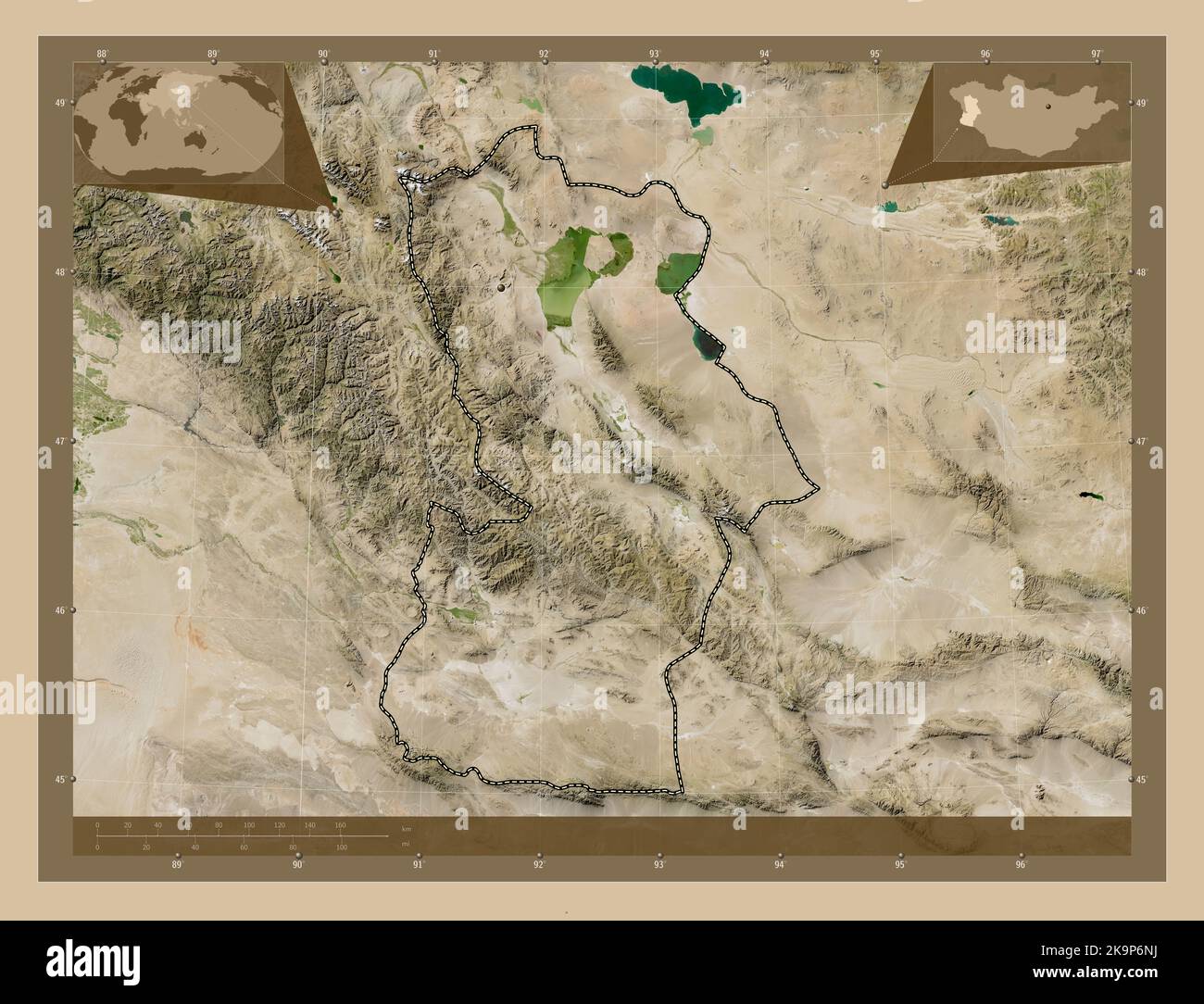 Hovd, province of Mongolia. Low resolution satellite map. Corner ...