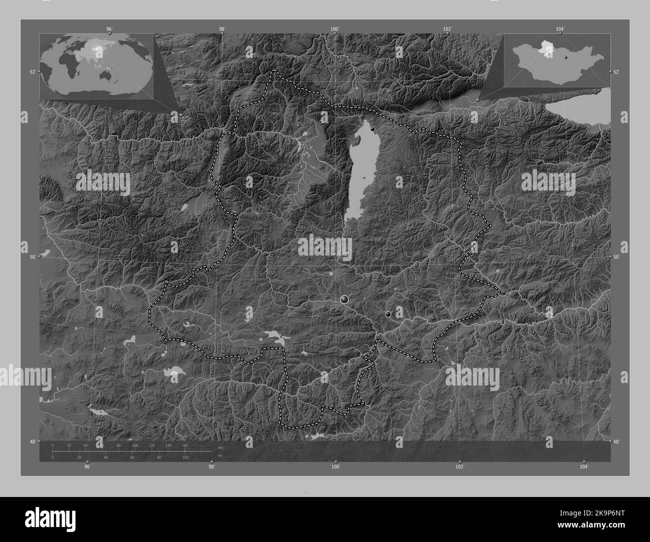 Hovsgol, province of Mongolia. Grayscale elevation map with lakes and ...
