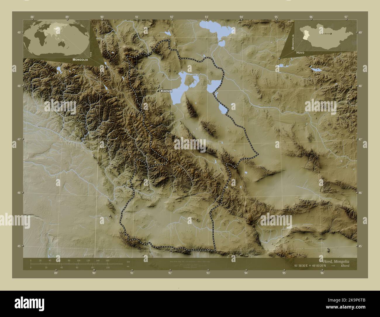 Hovd, province of Mongolia. Elevation map colored in wiki style with ...