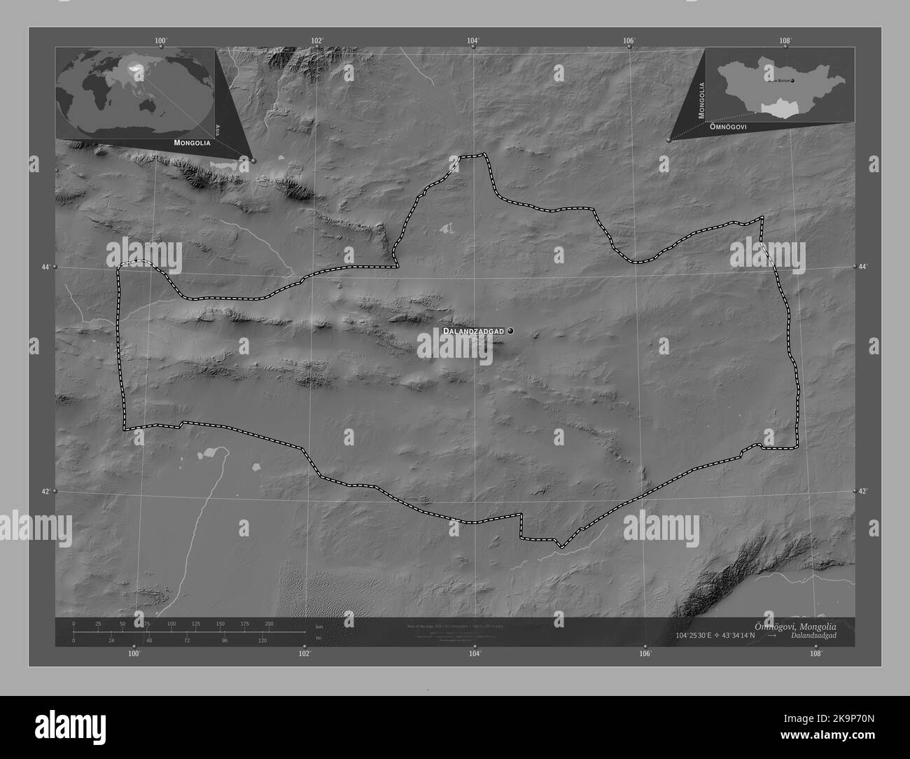 Omnogovi, province of Mongolia. Bilevel elevation map with lakes and ...