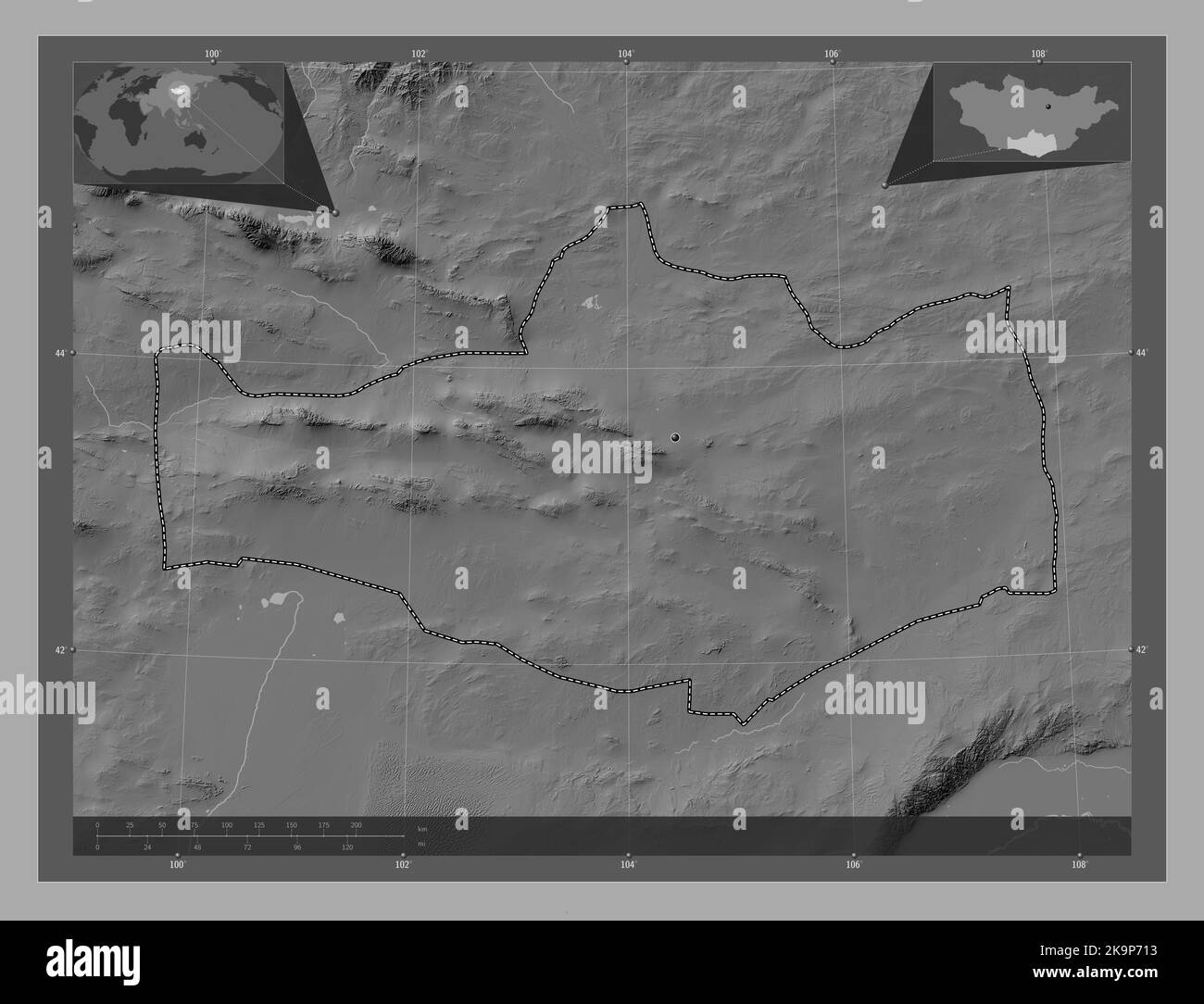 Omnogovi, province of Mongolia. Bilevel elevation map with lakes and ...