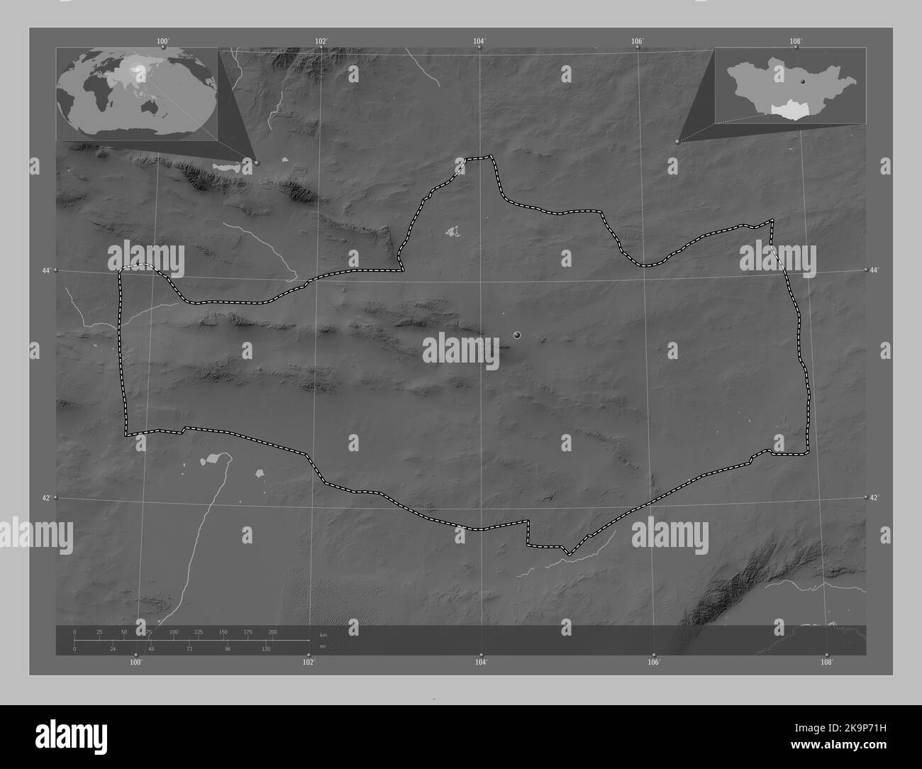 Omnogovi, province of Mongolia. Grayscale elevation map with lakes and ...