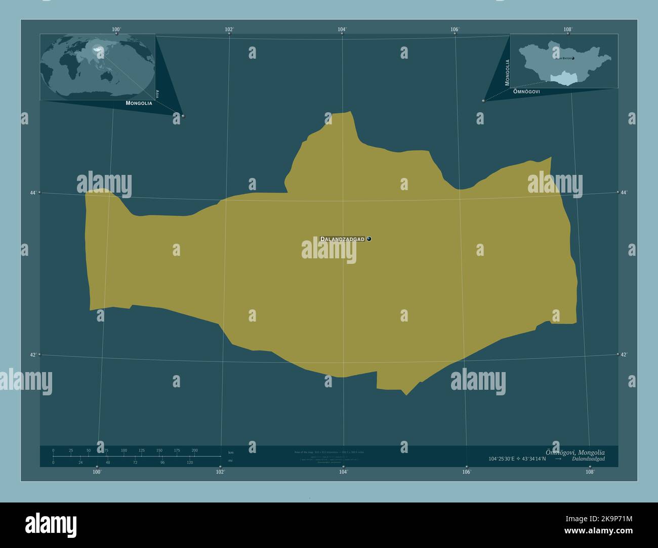 Omnogovi, province of Mongolia. Solid color shape. Locations and names ...