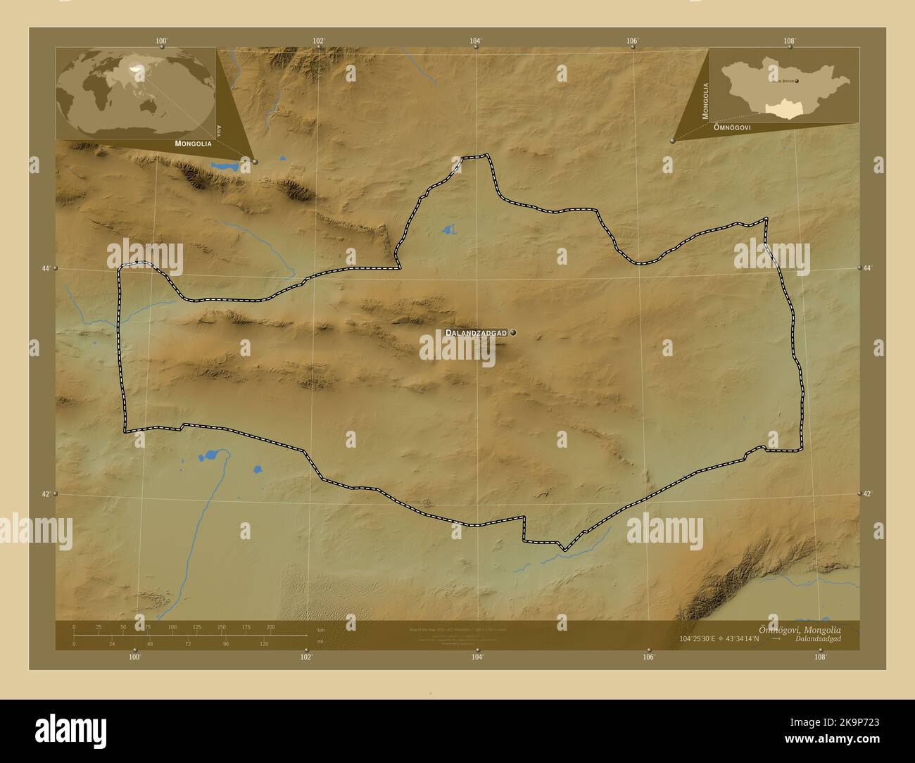 Omnogovi, province of Mongolia. Colored elevation map with lakes and ...