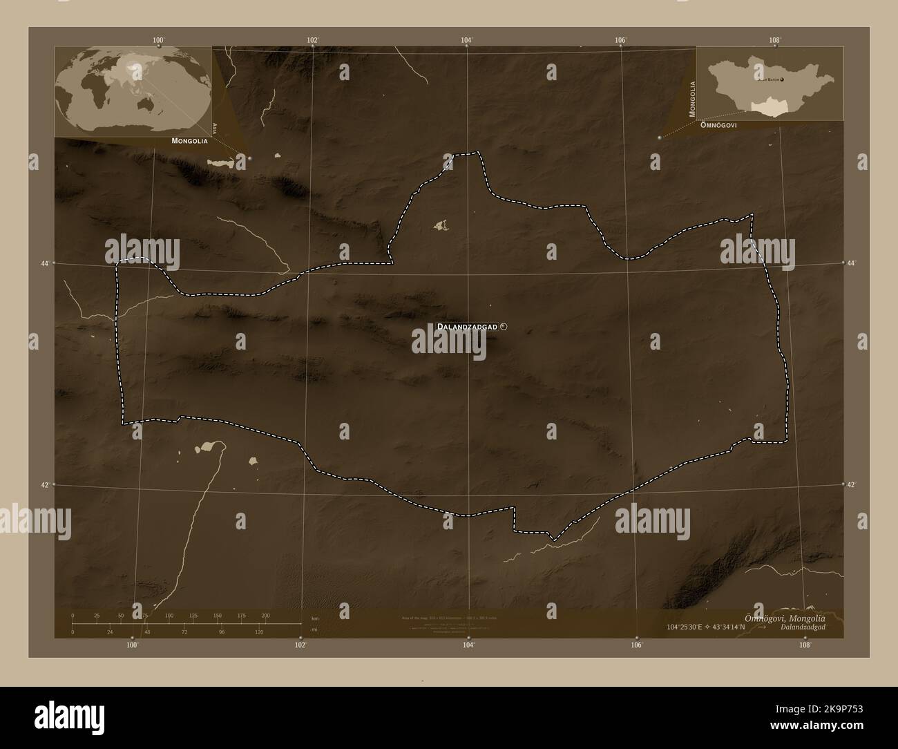 Omnogovi, province of Mongolia. Elevation map colored in sepia tones ...