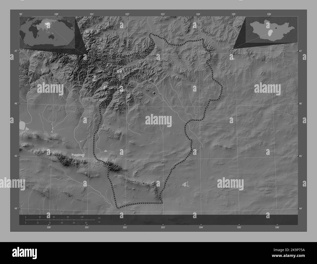 Ovorhangay, province of Mongolia. Bilevel elevation map with lakes and ...