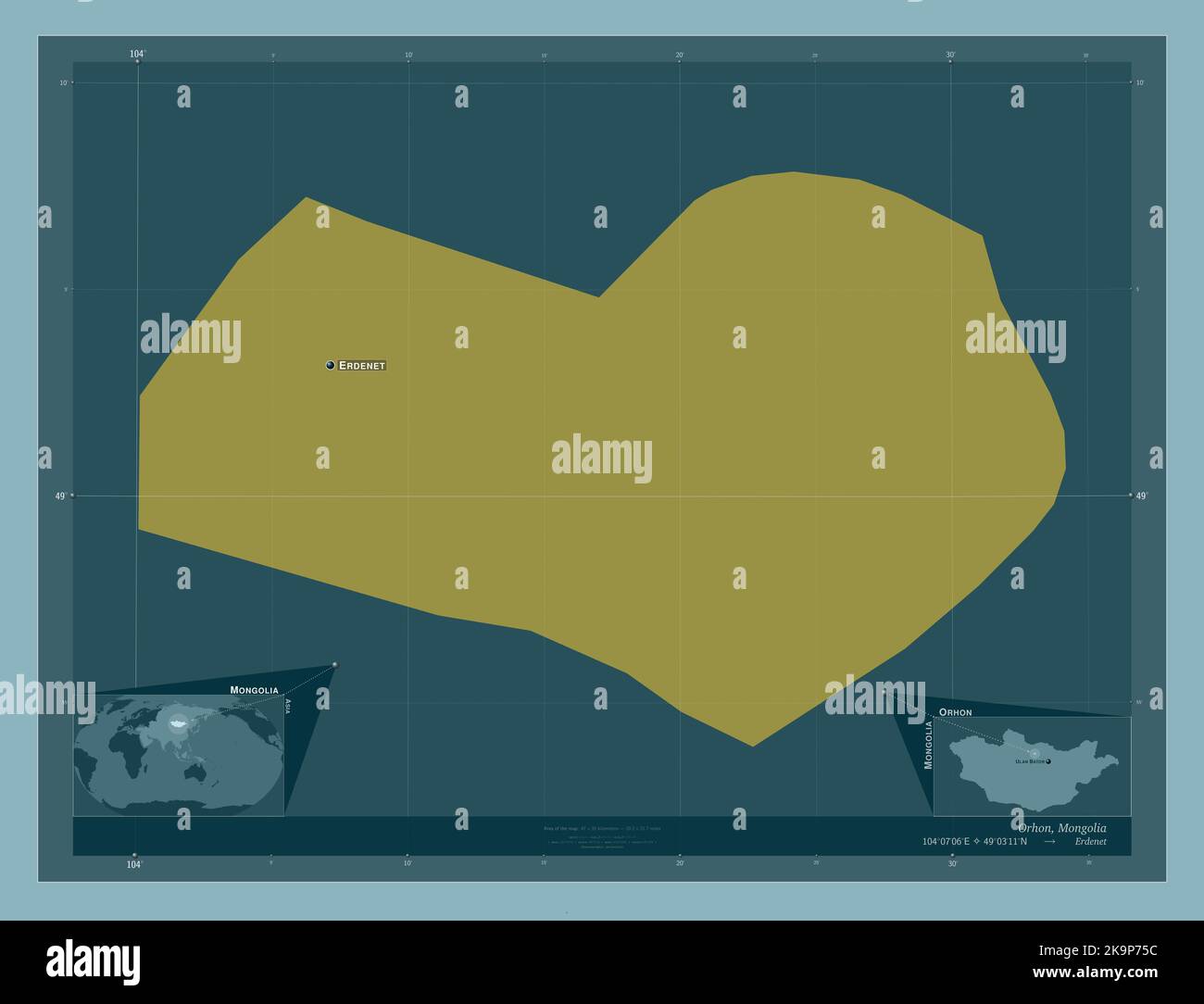 Orhon, municipality of Mongolia. Solid color shape. Locations and names ...