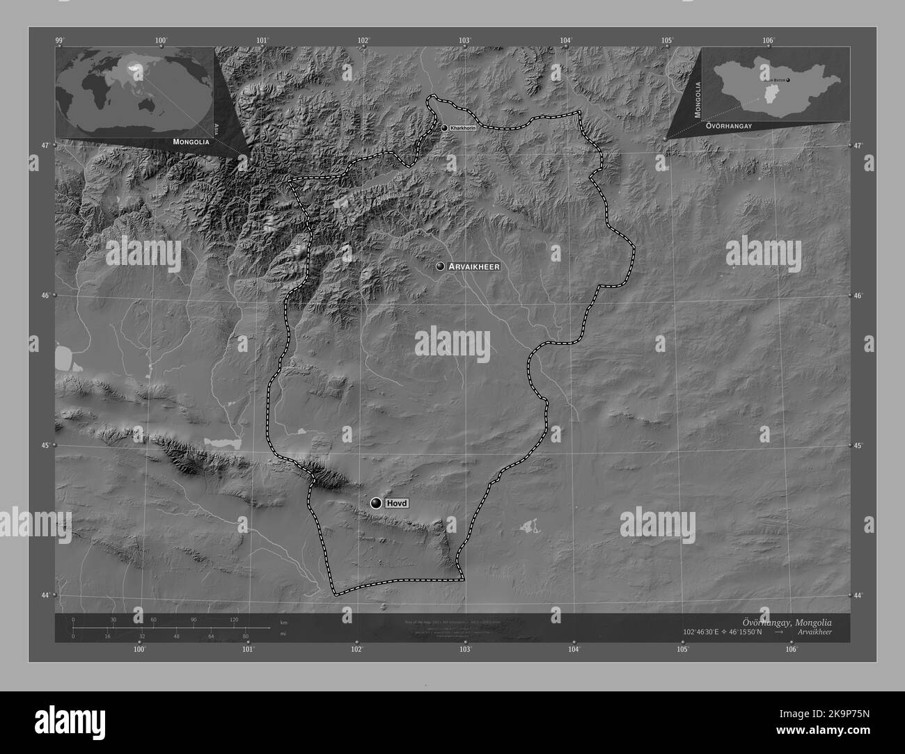 Ovorhangay, province of Mongolia. Bilevel elevation map with lakes and ...