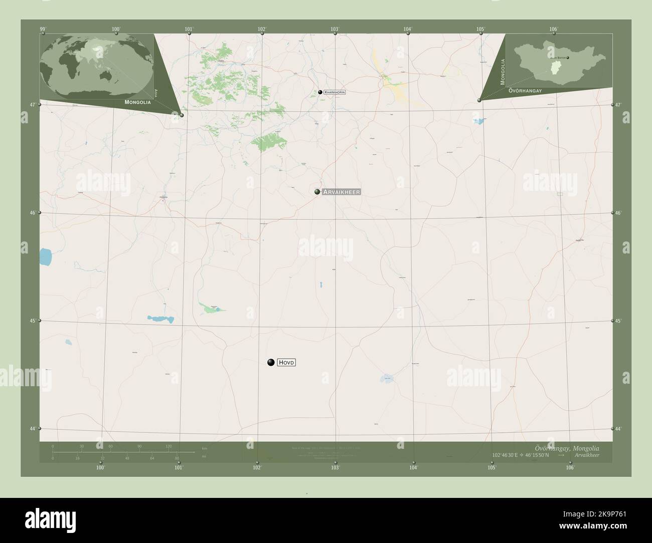 Ovorhangay, province of Mongolia. Open Street Map. Locations and names ...