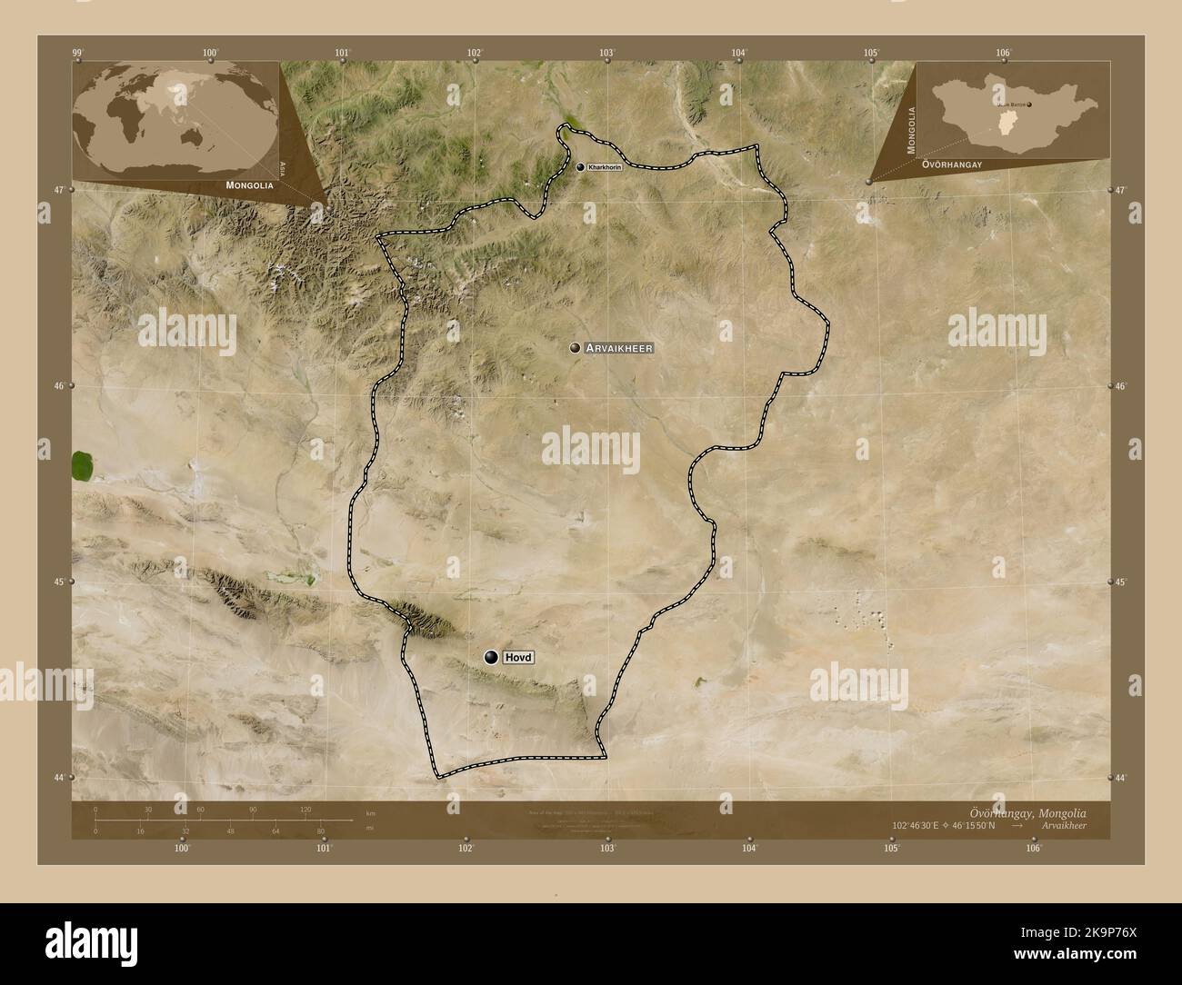 Ovorhangay, province of Mongolia. Low resolution satellite map ...
