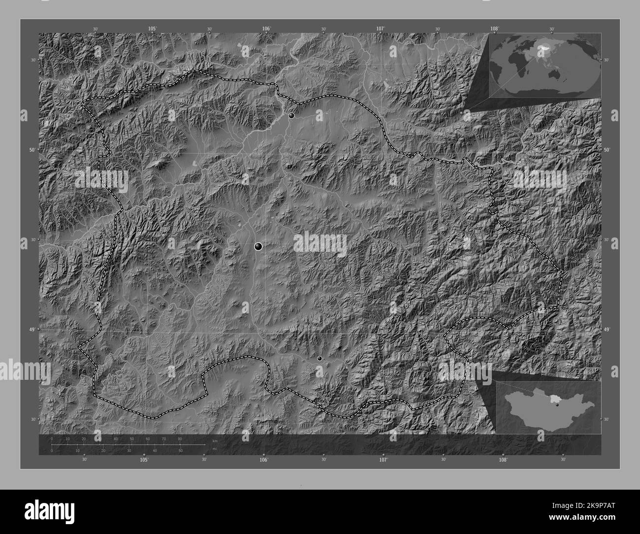 Selenge, province of Mongolia. Bilevel elevation map with lakes and ...