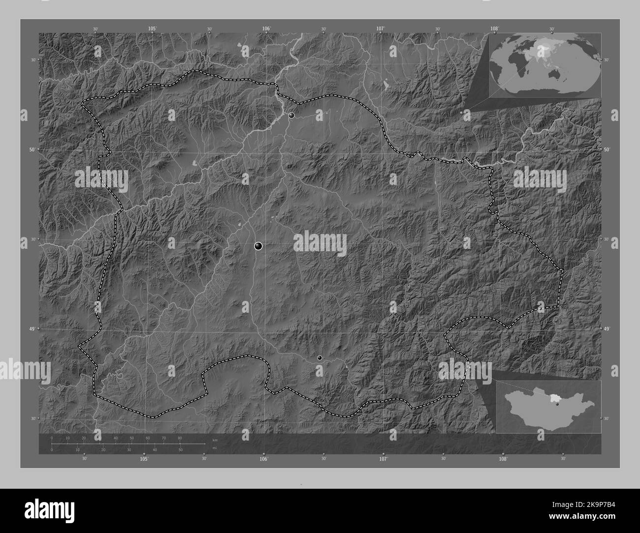 Selenge, province of Mongolia. Grayscale elevation map with lakes and ...