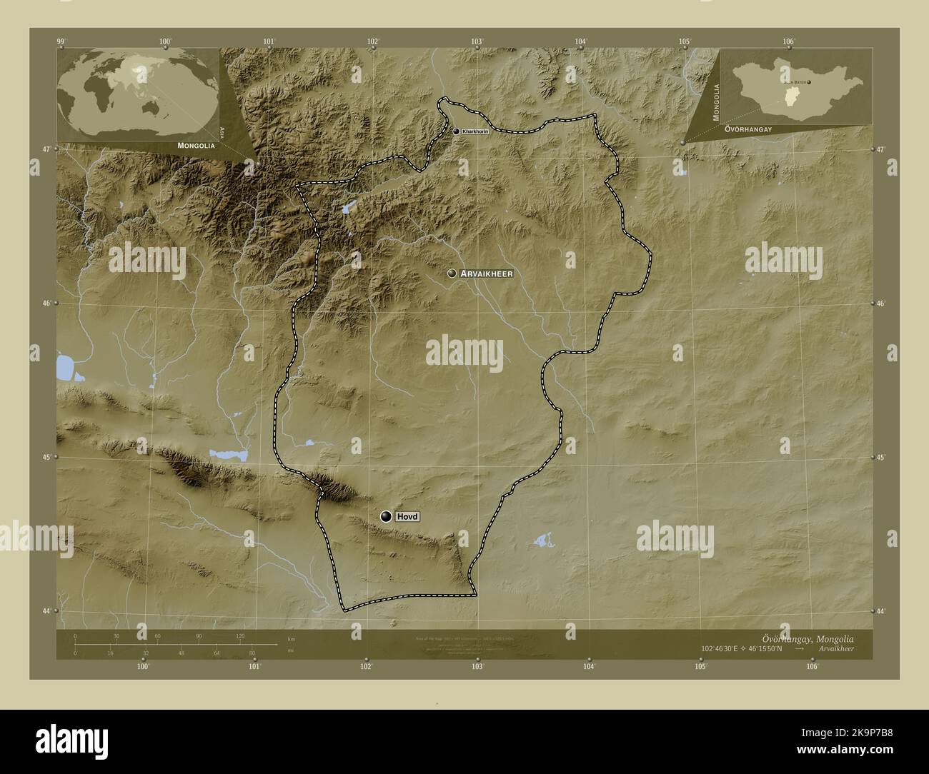 Ovorhangay, province of Mongolia. Elevation map colored in wiki style ...