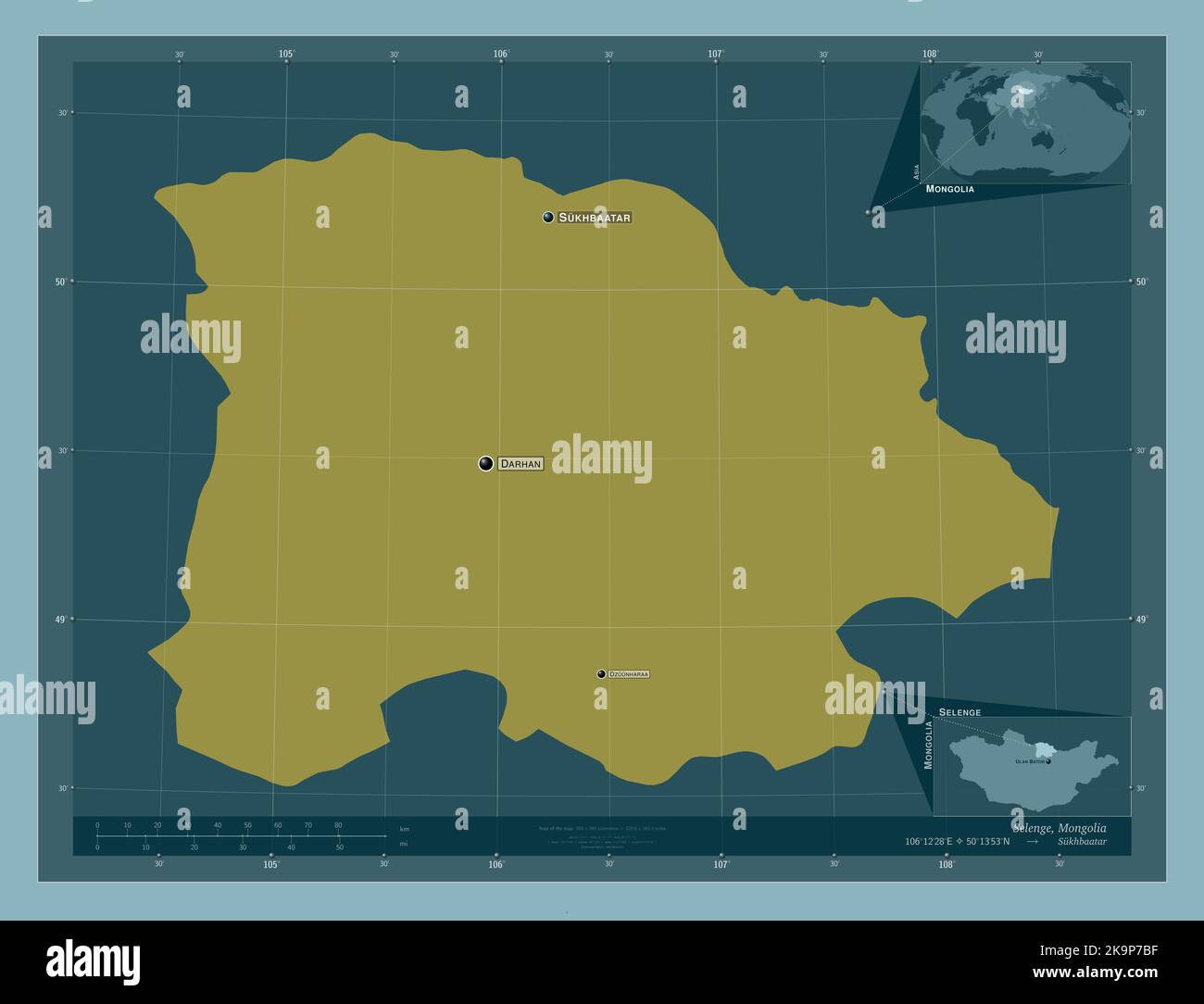 Selenge, province of Mongolia. Solid color shape. Locations and names ...