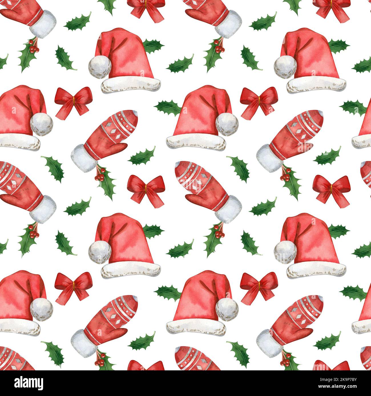 Seamless watercolor pattern on a Christmas theme. Socks, bells, sweets ...