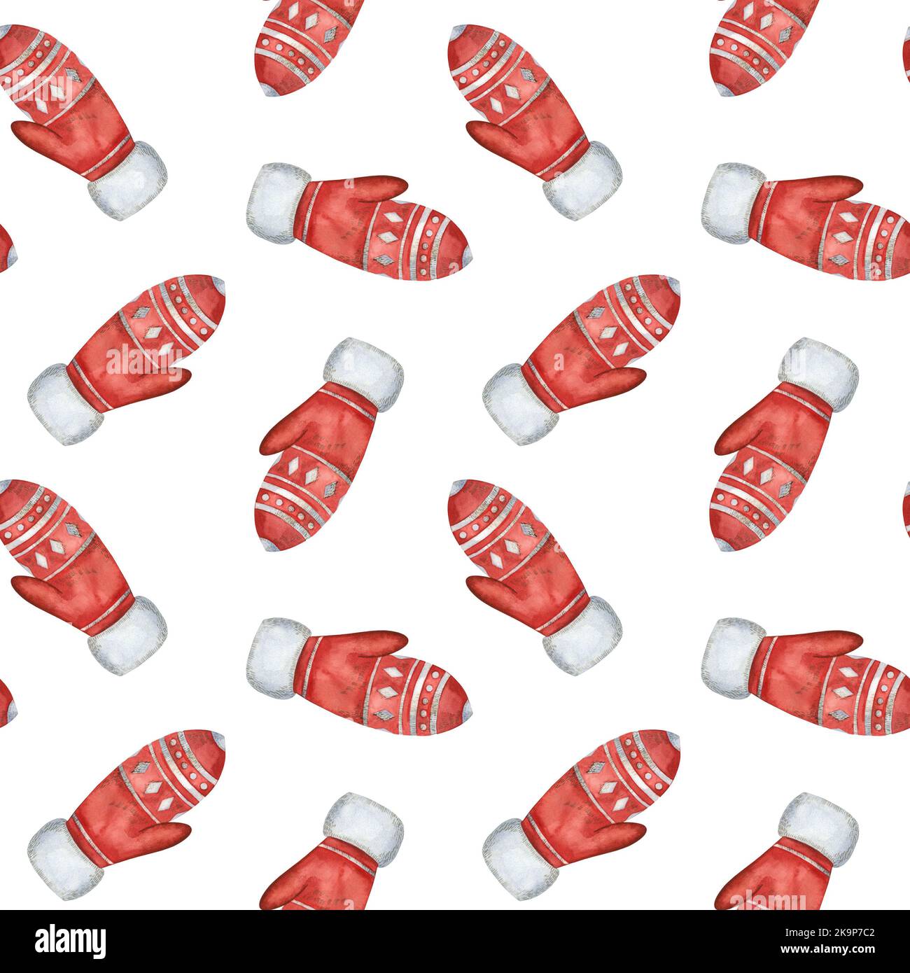 Seamless watercolor pattern on a Christmas theme. Bright red mittens ...