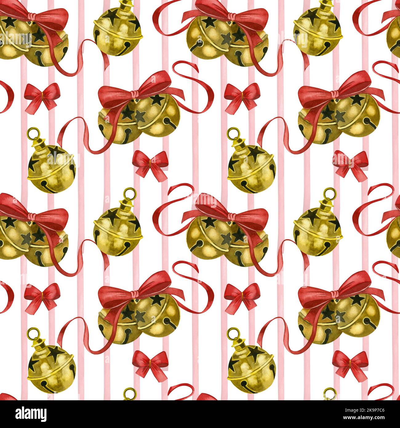 Seamless pattern for Christmas. Bells, red bows, hand-painted in ...