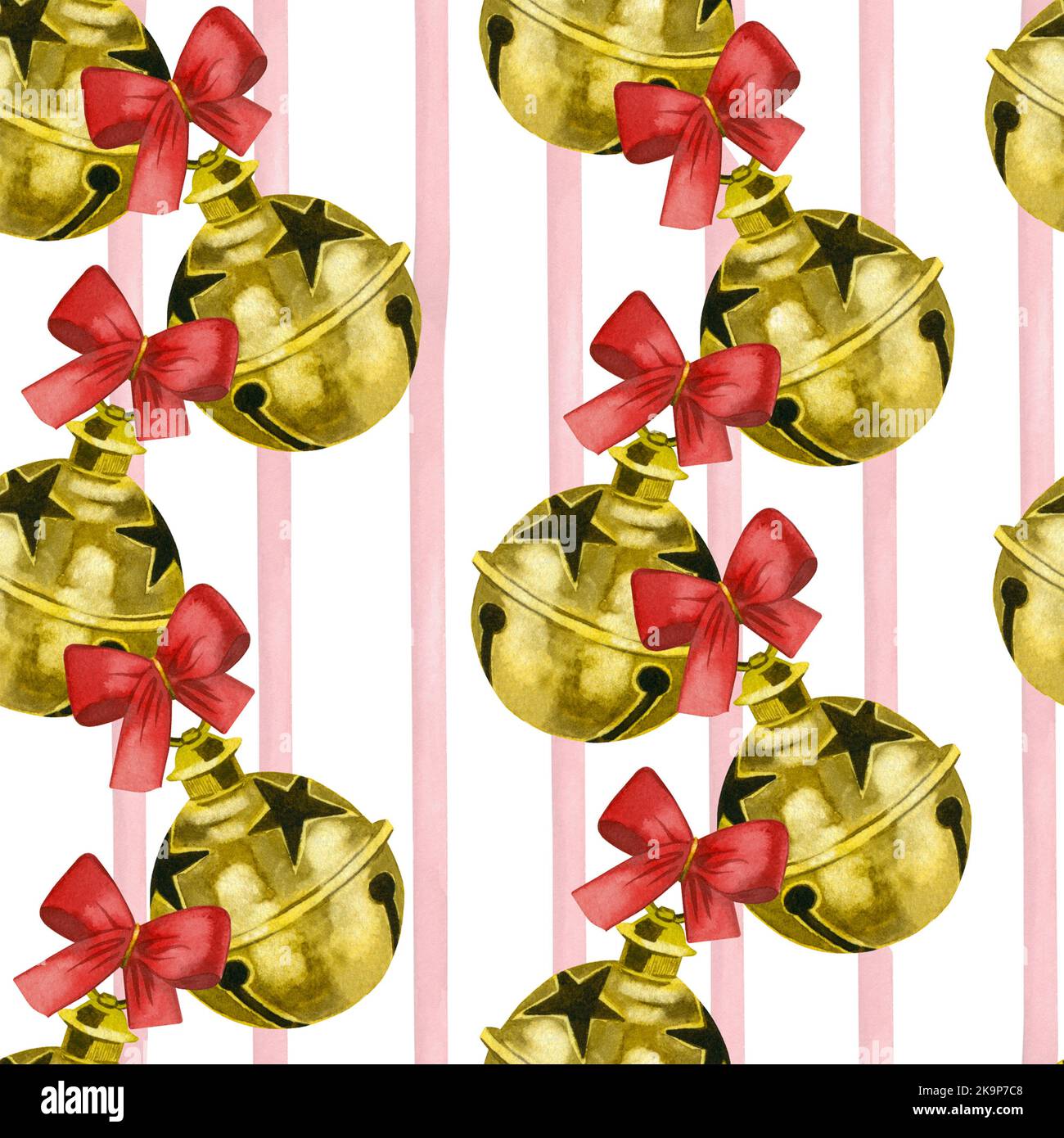 Seamless pattern for Christmas. Bells, red bows, hand-painted in ...