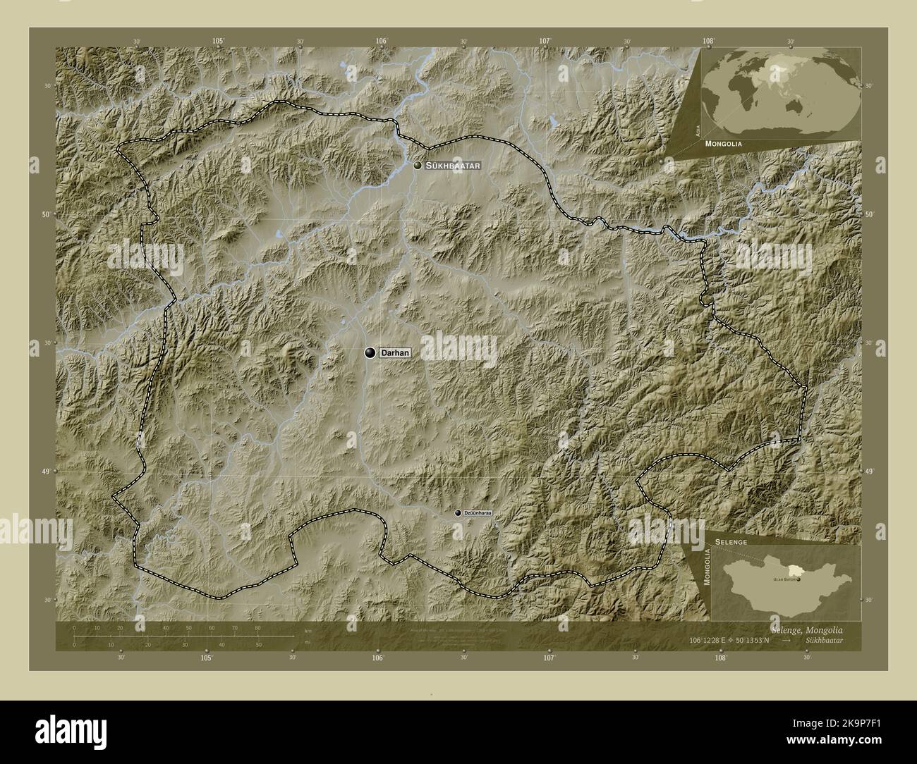 Selenge, province of Mongolia. Elevation map colored in wiki style with ...