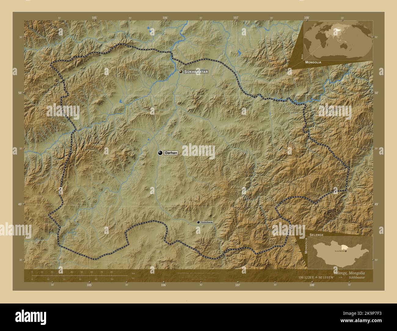 Selenge, province of Mongolia. Colored elevation map with lakes and ...