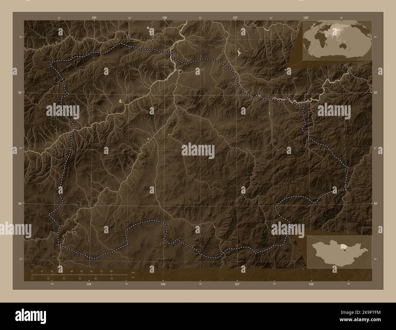 Selenge, province of Mongolia. Elevation map colored in sepia tones ...