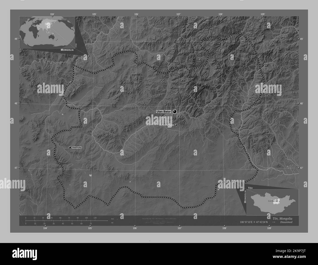 Tov, province of Mongolia. Grayscale elevation map with lakes and ...